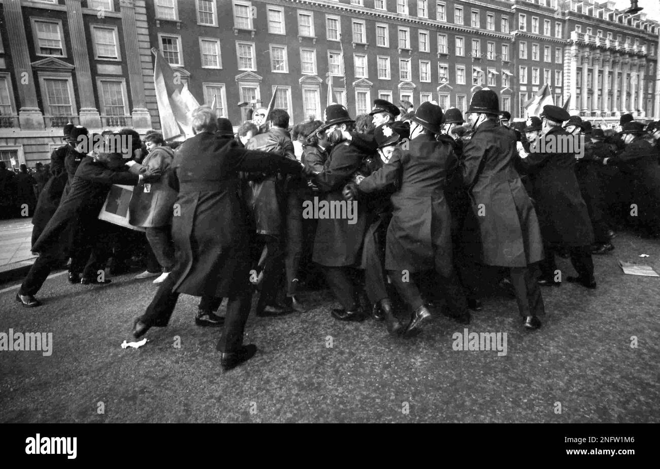 Police struggle with anti Vietnam War demonstrators outside the Embassy ...