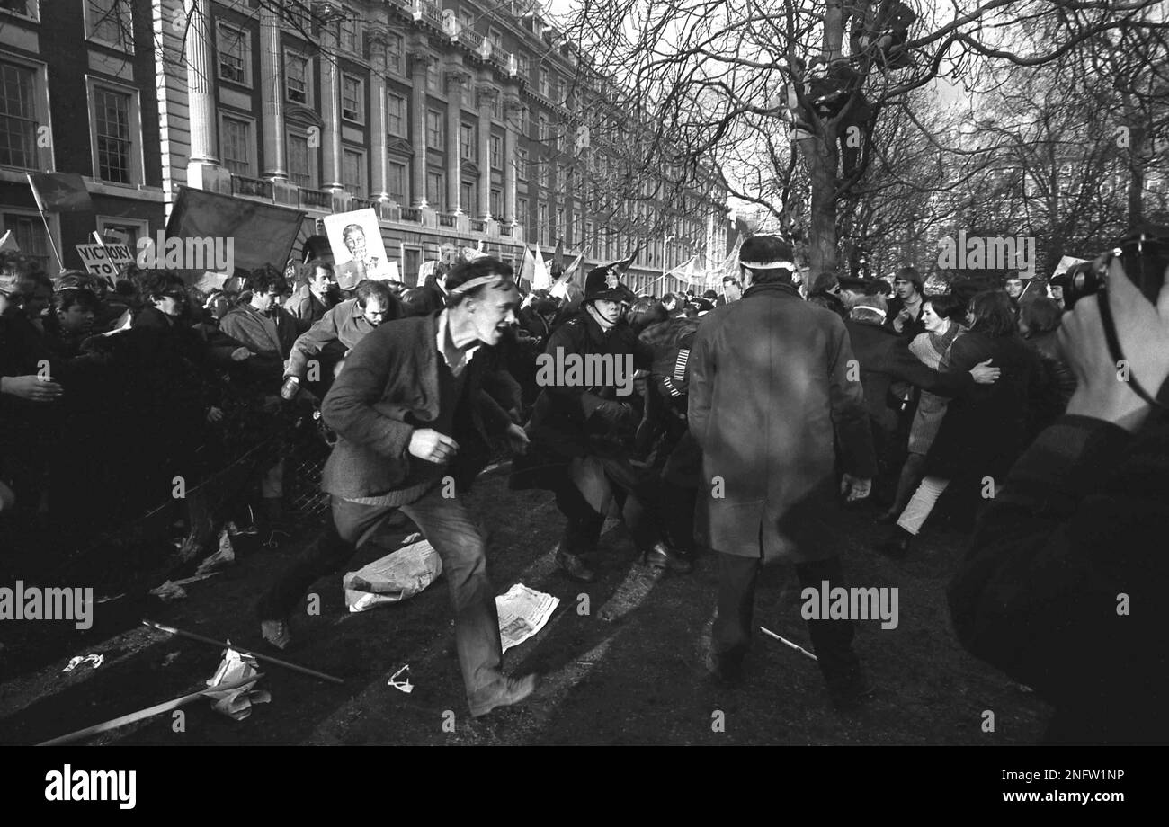 Police struggle with anti Vietnam War demonstrators outside the Embassy ...