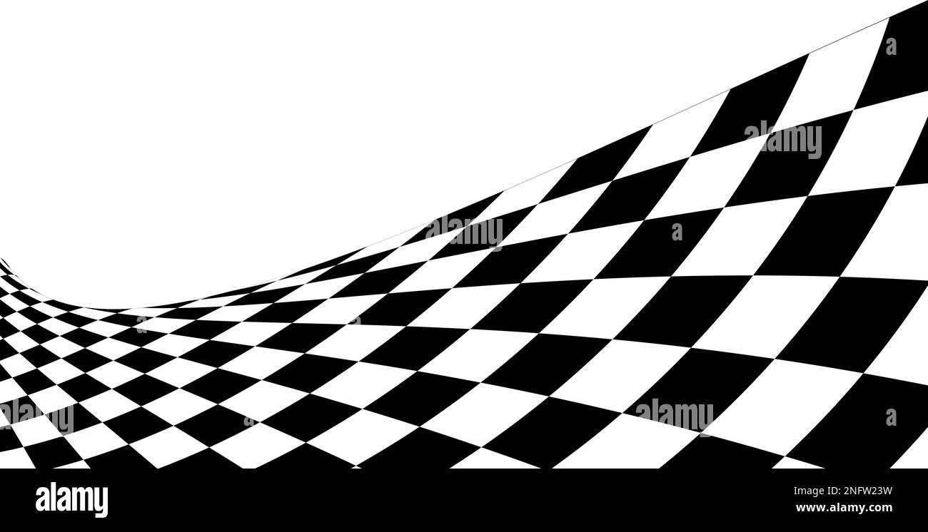 Wavy race flag or chessboard texture. Black and white checkered pattern warped in perspective ...