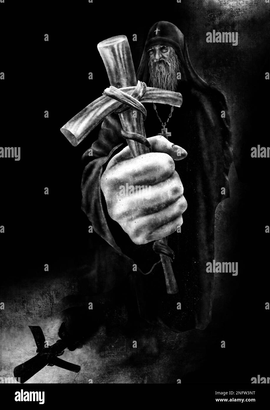 The old priest holds a cross in his outstretched hand. Symbol of faith ...