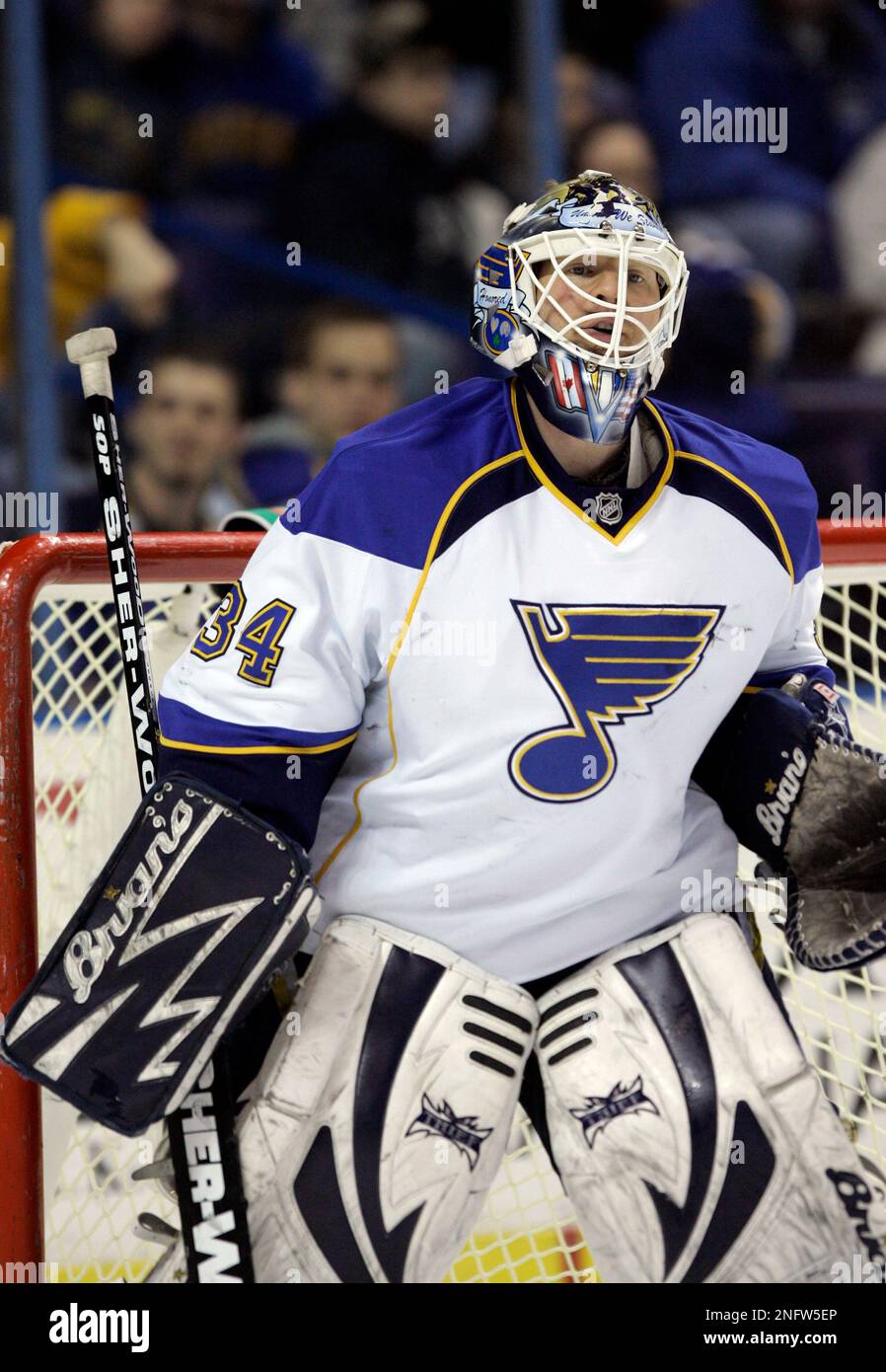 St. Louis Blues goalie Manny Legace stands in the net during the third ...