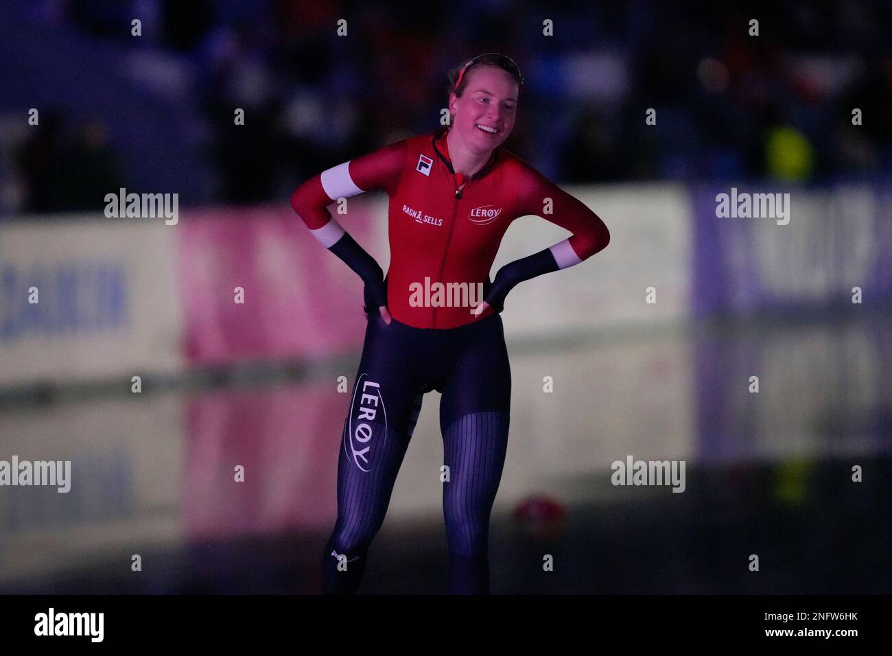 First placed Norway's Ragne Wiklund celebrates at the end of the 3000m ...