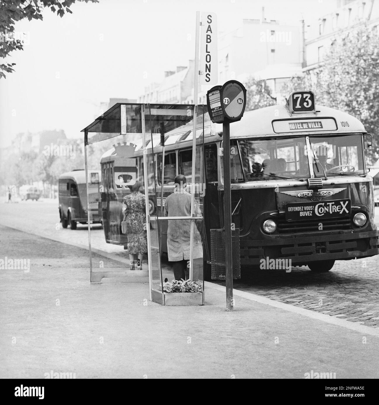 A new bus stop for riders on Oct. 8,1959 in Paris is made entirely of ...