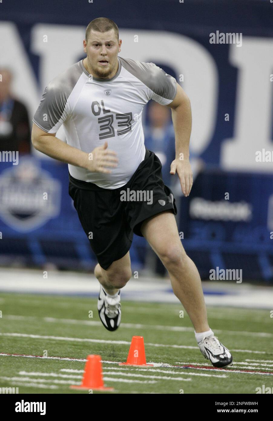 Offensive lineman Tyler Polumbus of Colorado runs a drill at the NFL ...