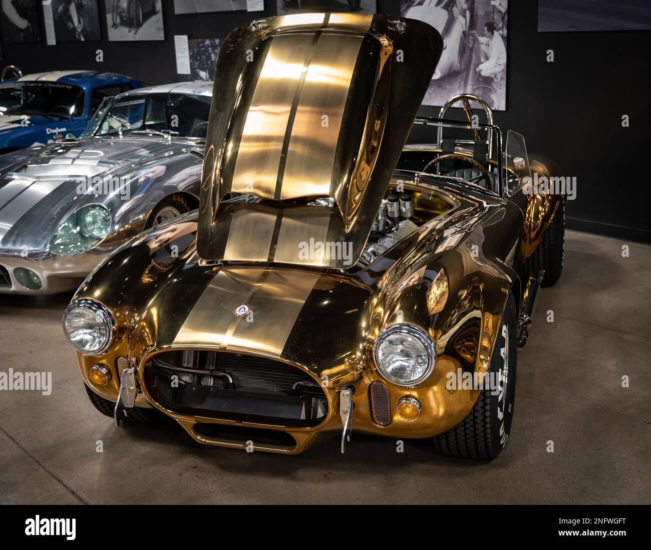 A detail of the exclusive AC Shelby Cobra 427 SC in gold color Stock ...