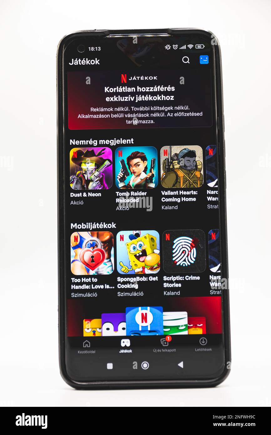 Netflix application displayed on the phone screen in Hungarian, games ...