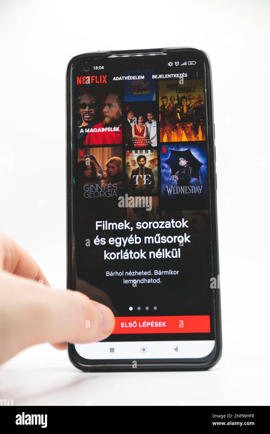 Netflix application displayed on the phone screen in Hungarian, initial ...