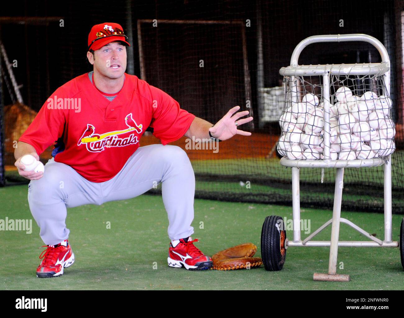 Former St. Louis Cardinals catcher Mike Matheny works with the team's ...
