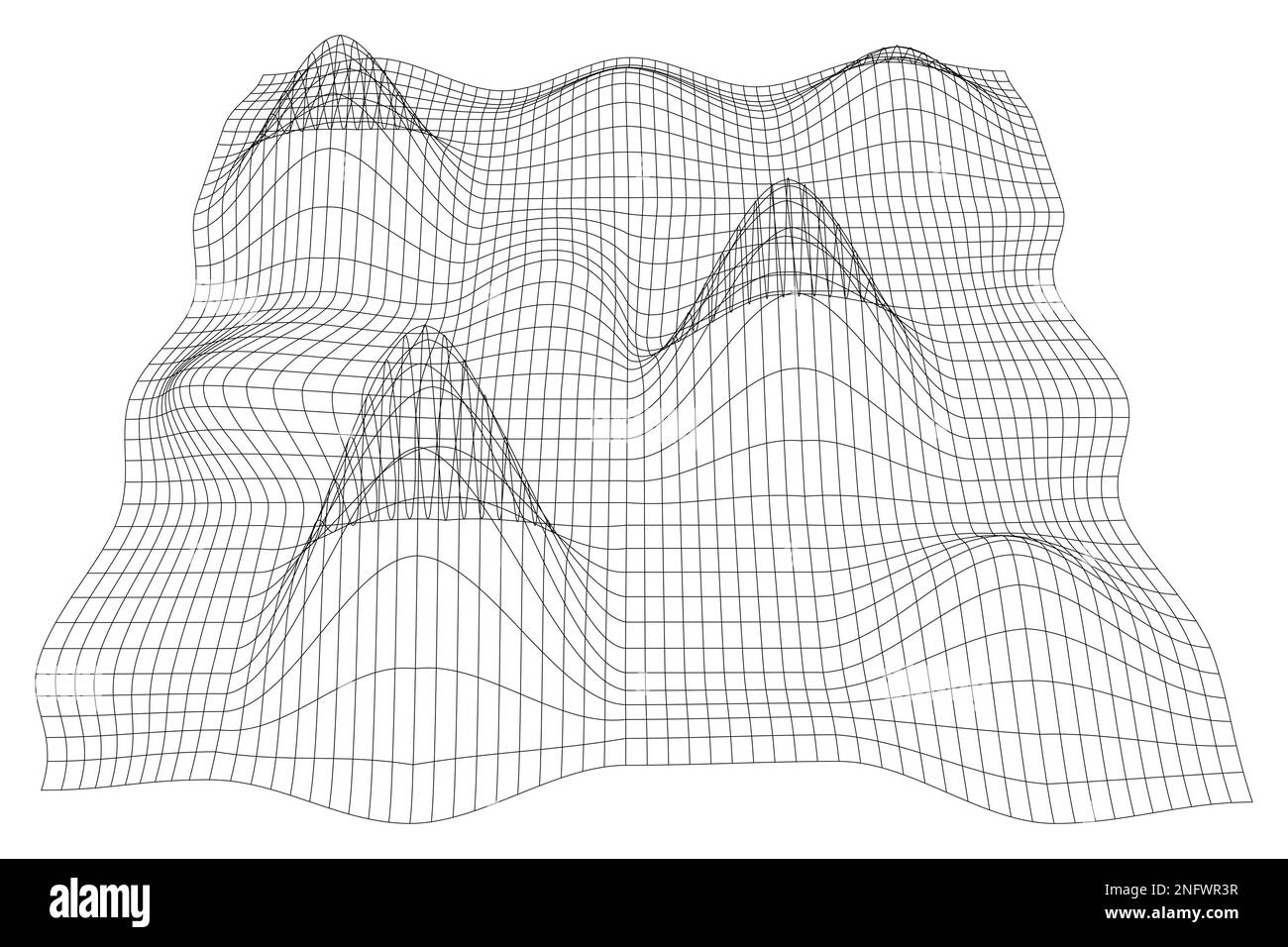 Distorted terrain wireframe on white background. Grid perspective ...