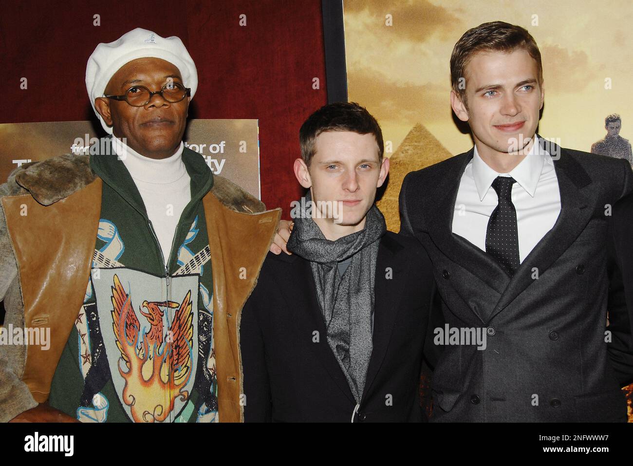 From left, actors Samuel L. Jackson, Jamie Bell and Hayden Christensen ...