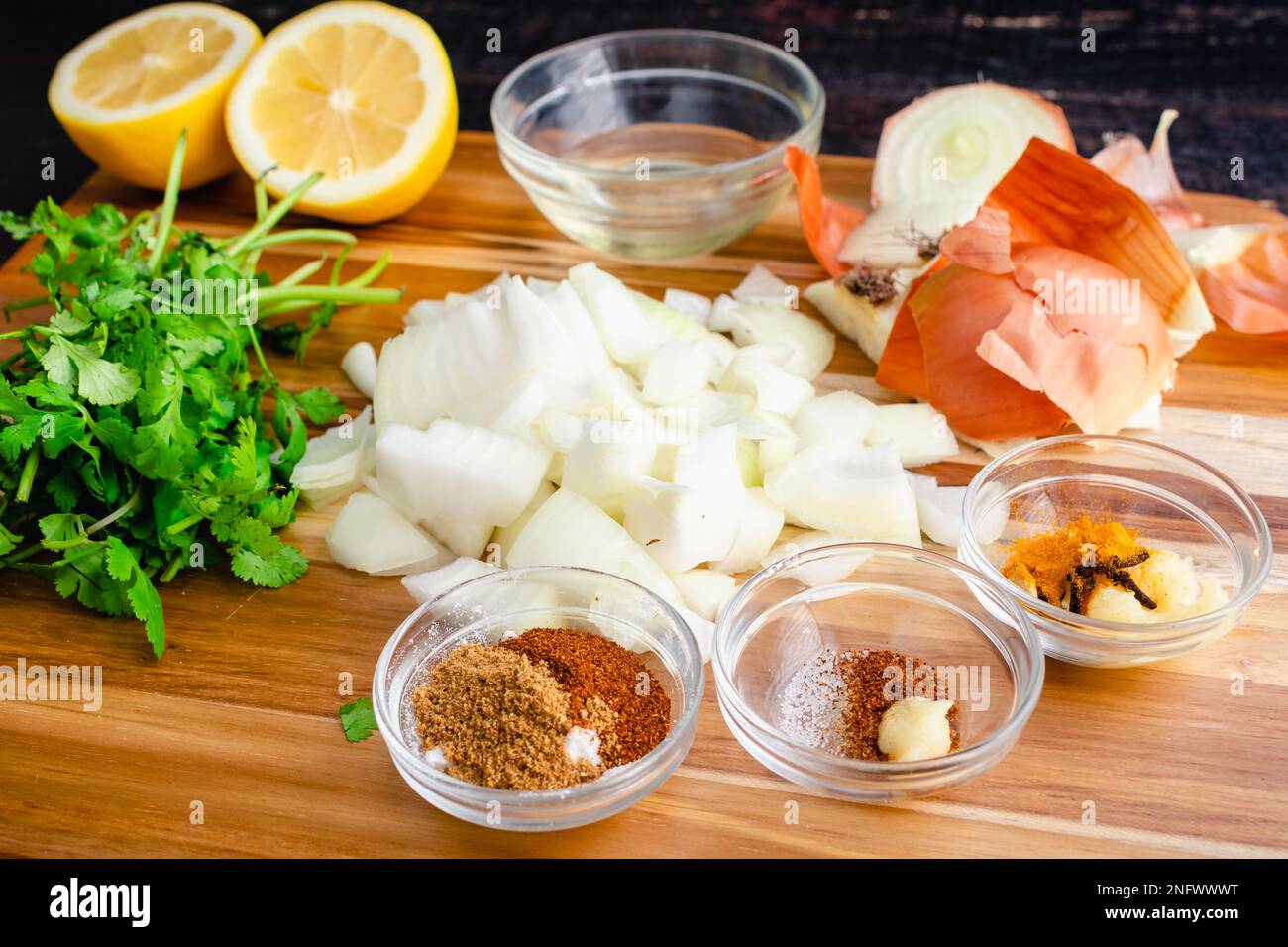 Prepping Vegetables and Spices for an Indian Curry: Chopped onion ...