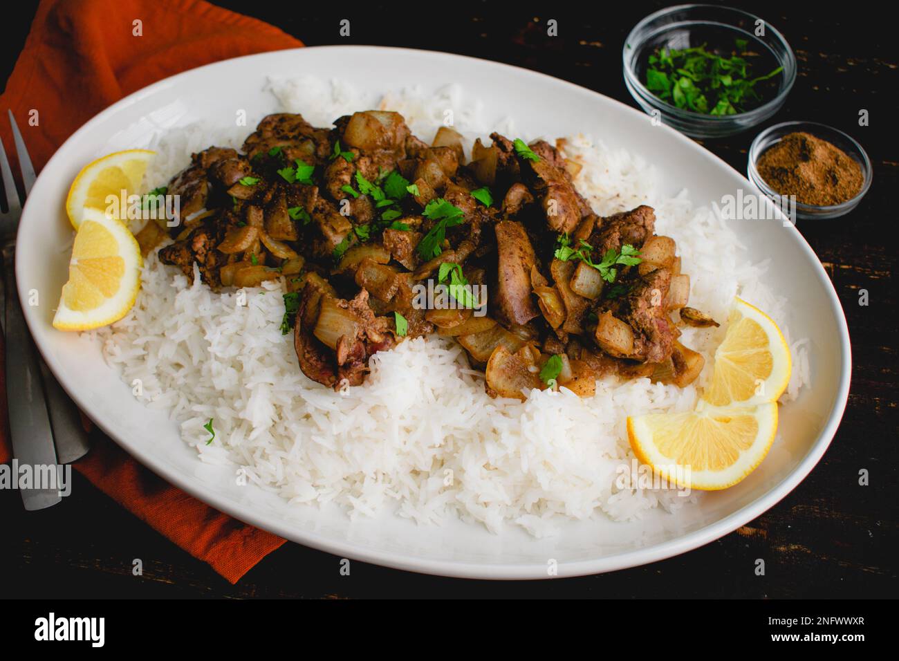Curried Chicken Livers Served Over Basmati Rice: Chicken livers cooked ...