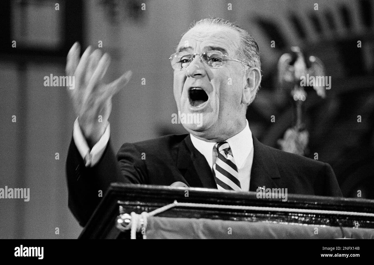 U.S. President Lyndon Johnson gestures emphatically as he rejected a ...