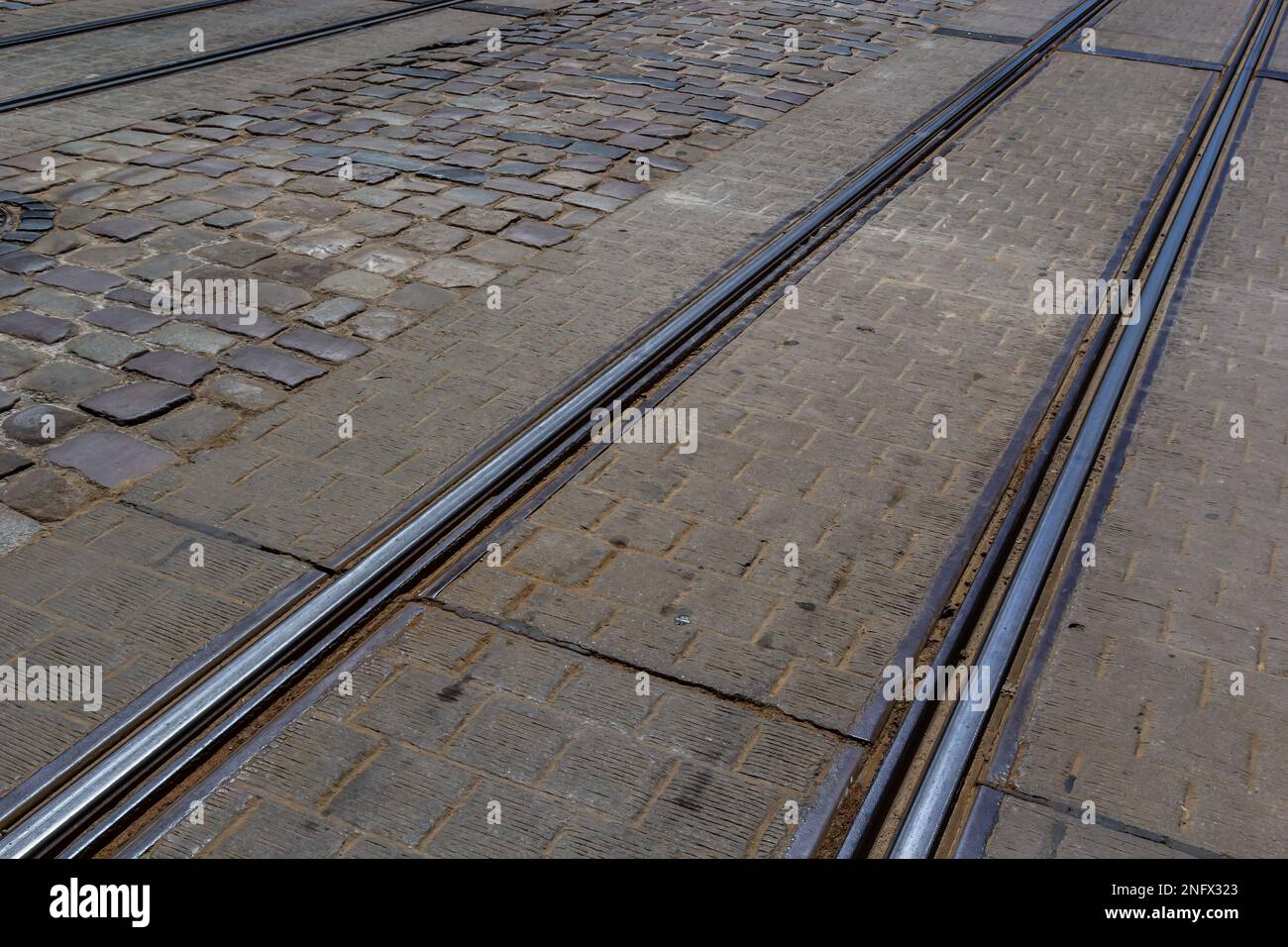 Metallic tracks in urban environment for tram. background image Stock ...