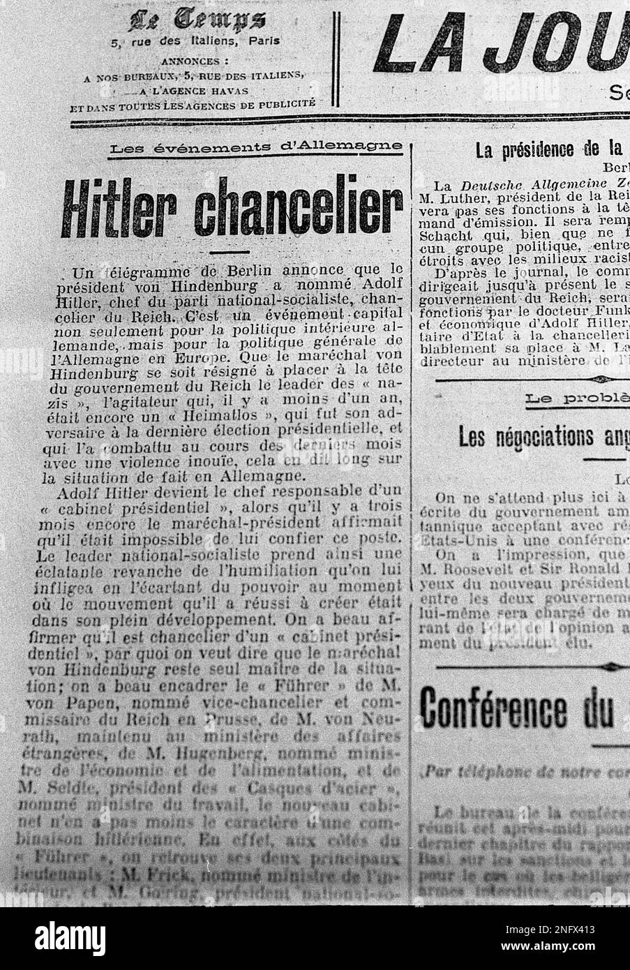 Image shows the front page of the French newspaper Le Temps from ...