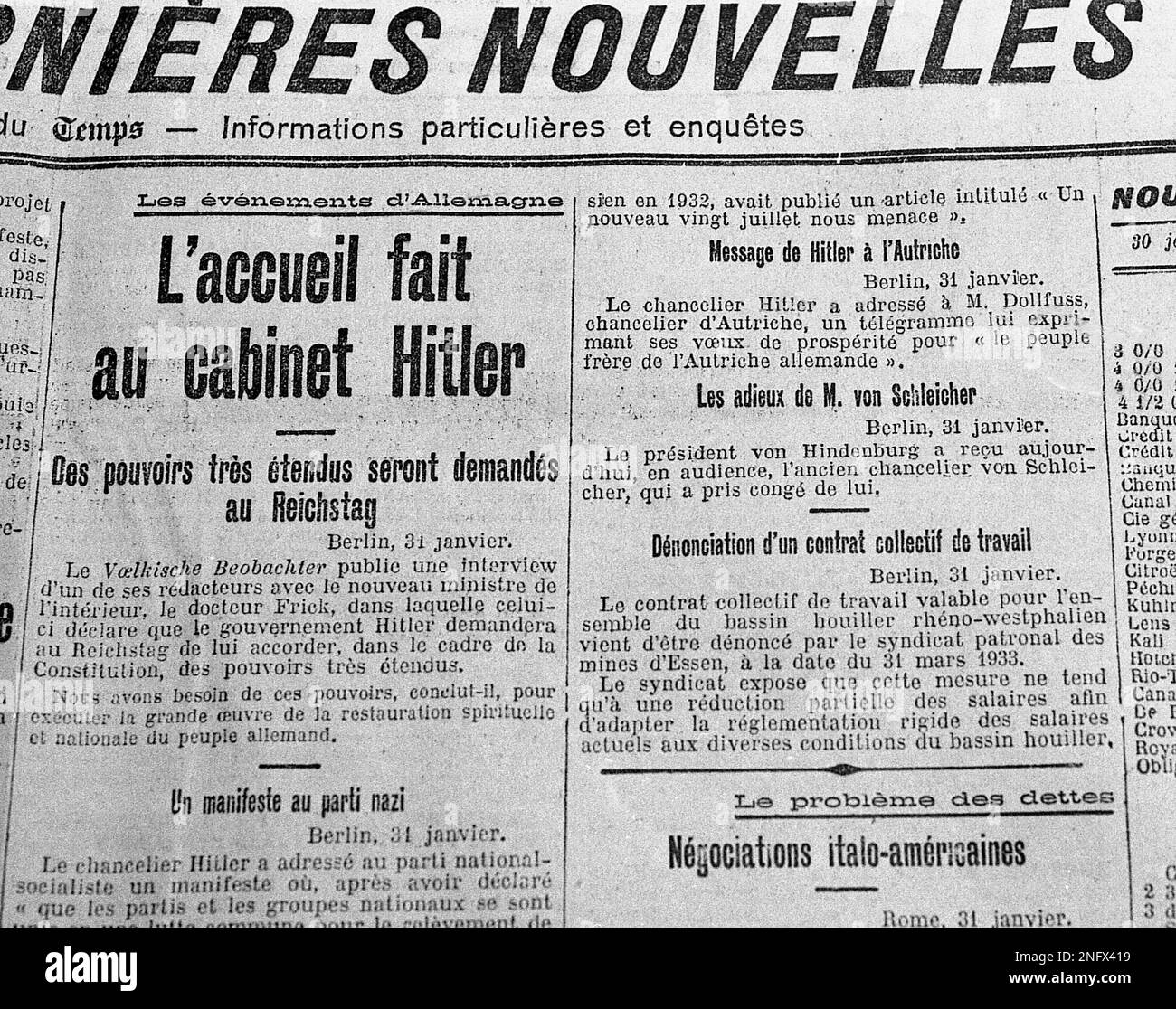 Image shows the front page of the French newspaper Le Temps from ...