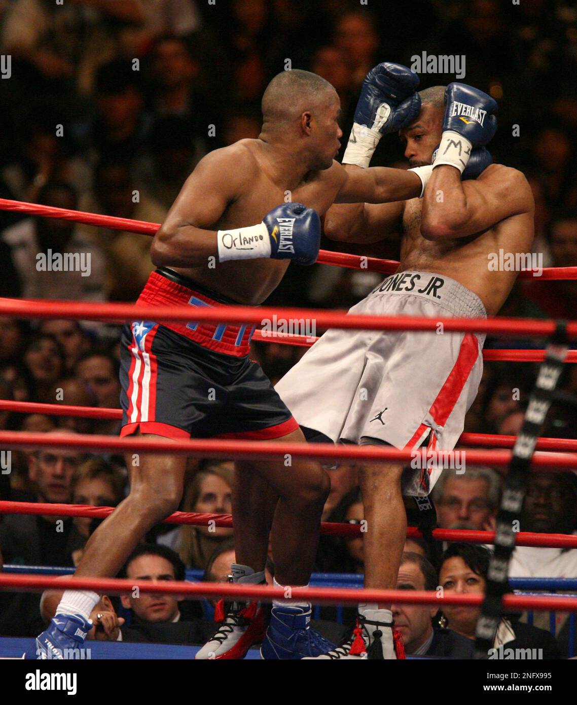 Felix Trinidad, left, punches Roy Jones Jr. during heavyweight boxing ...
