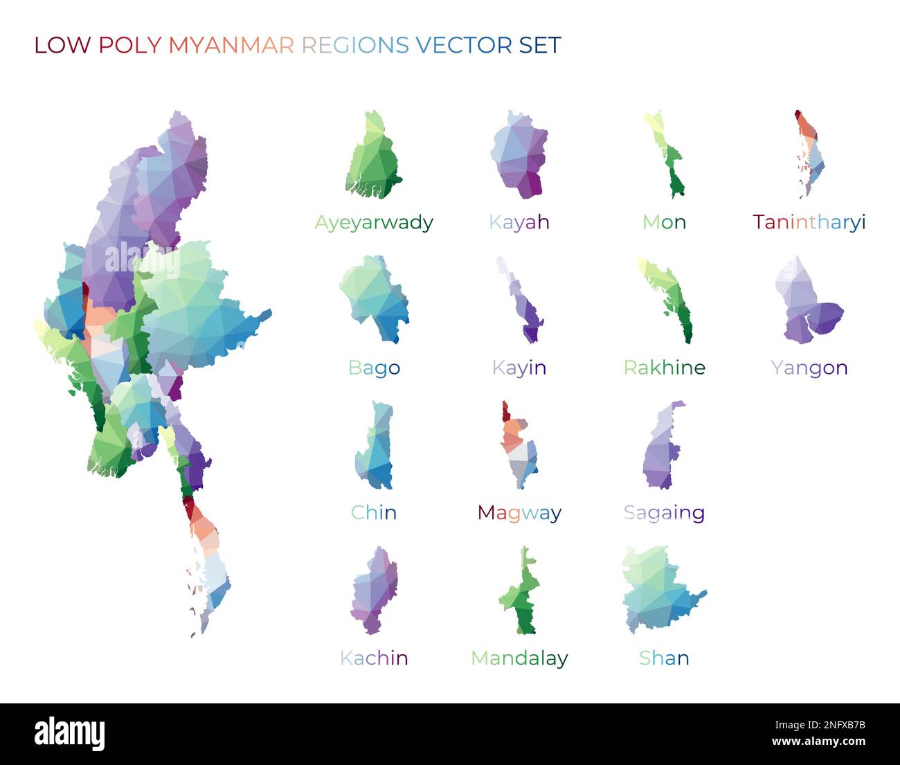 Myanmar low poly regions. Polygonal map of Myanmar with regions ...