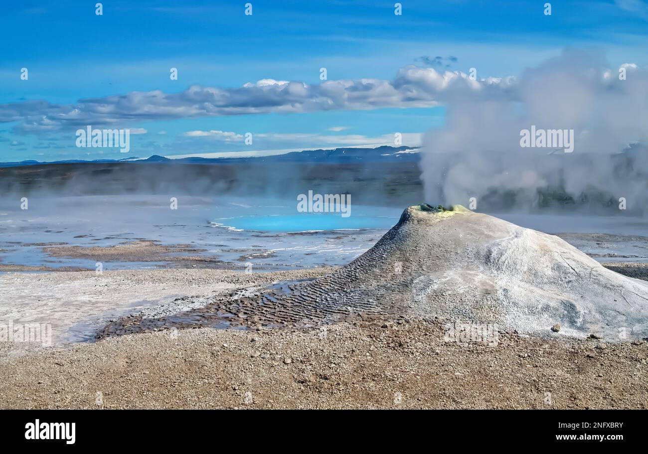 Mini volcano fumarole cone emit sulphuric gas, steaming hot blue ...