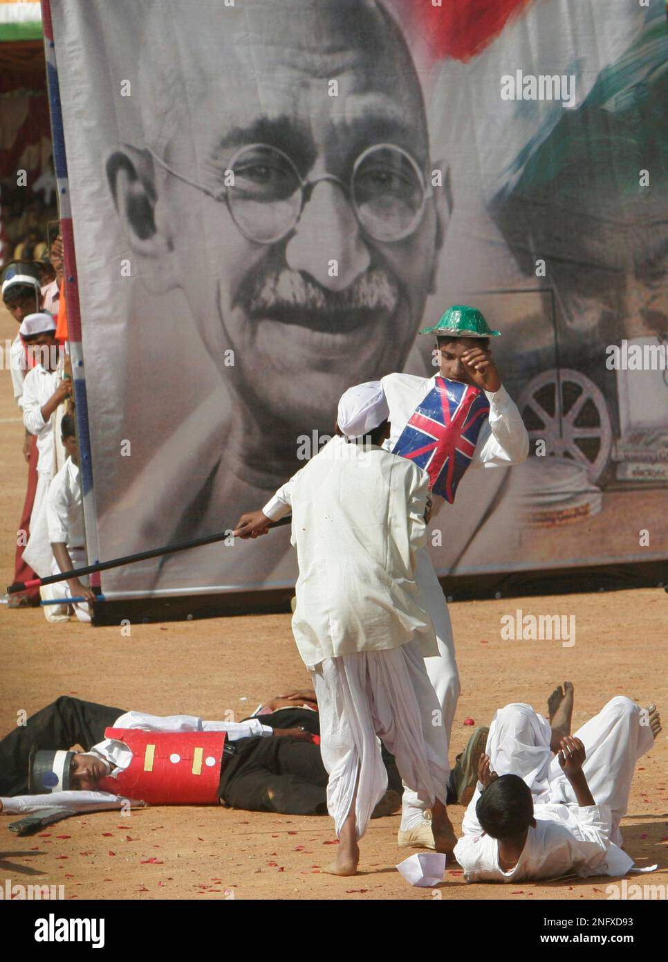 Indian school children enact a scene of India's pre-independence era ...