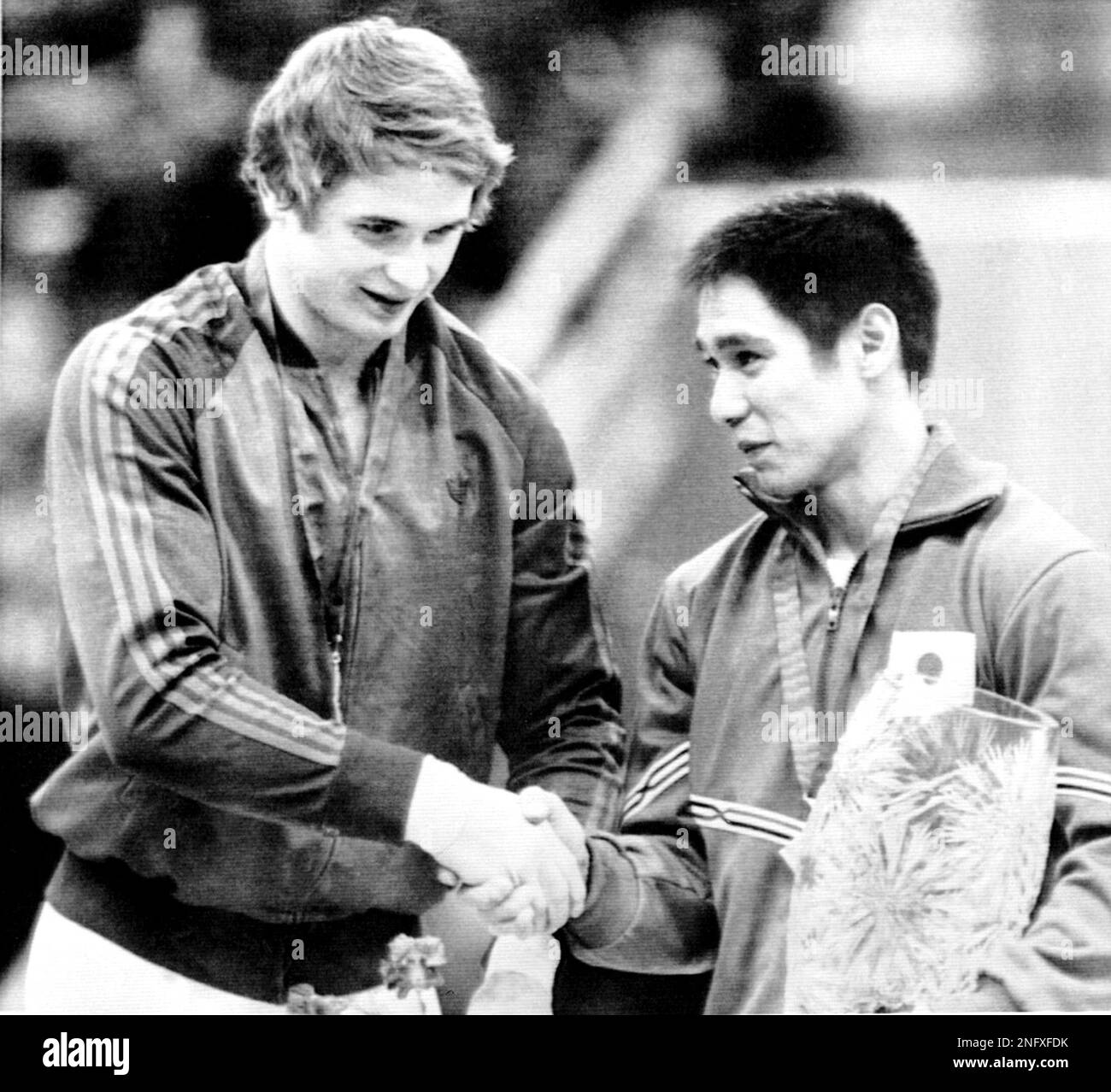 Soviet gymnast Alexander Dityatin, left, and Koji Gushiken of Japan ...