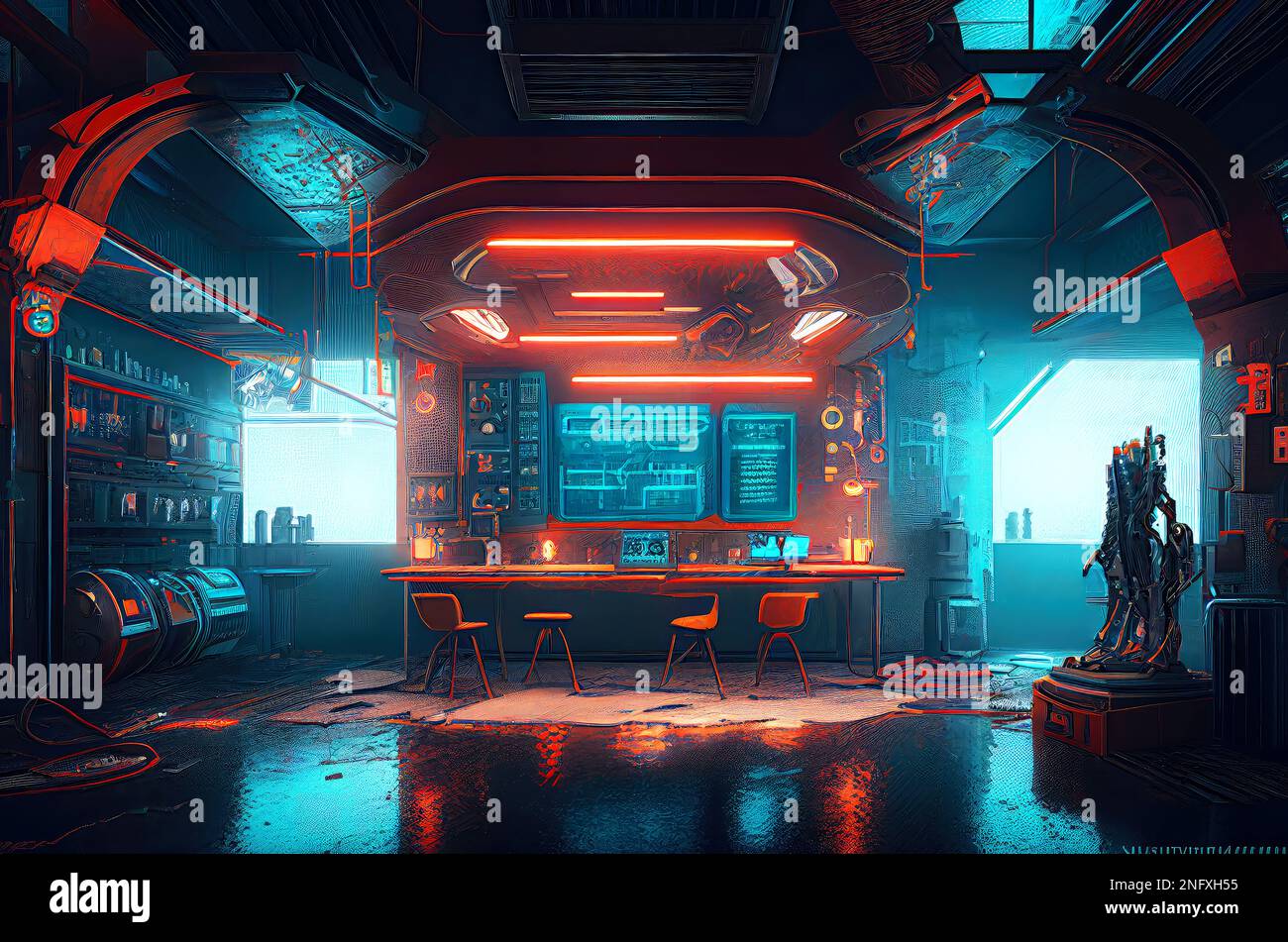 Futuristic Dystopian workshop in cyberpunk megapolis Stock Photo - Alamy