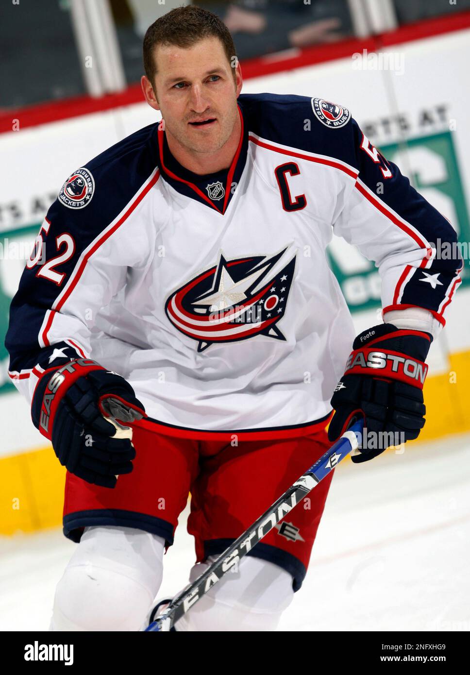 Columbus Blue Jackets defenseman Adam Foote warms up before facing the ...