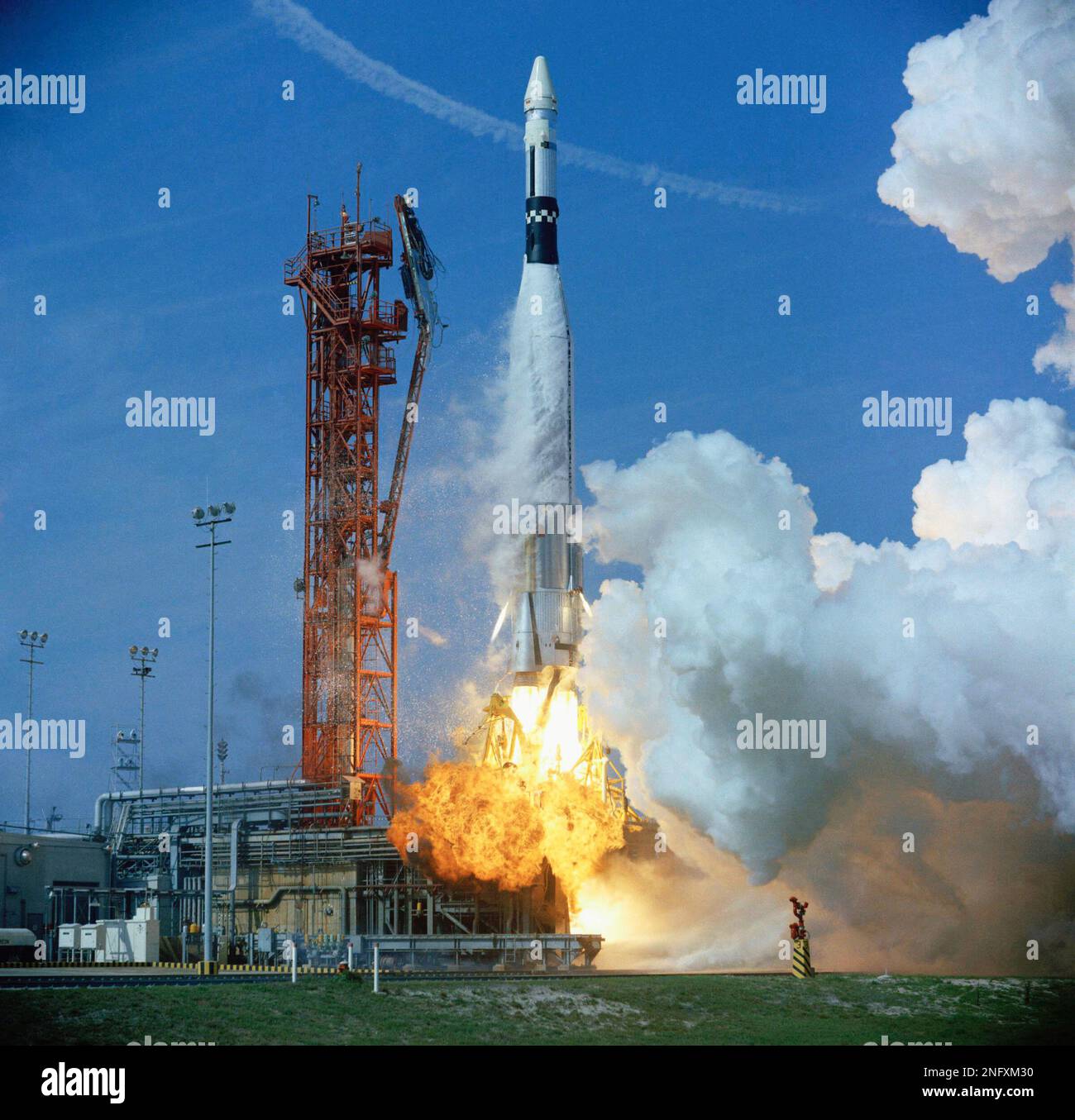 Blast off of spacecraft with astronauts David Scott and Neil Armstrong ...