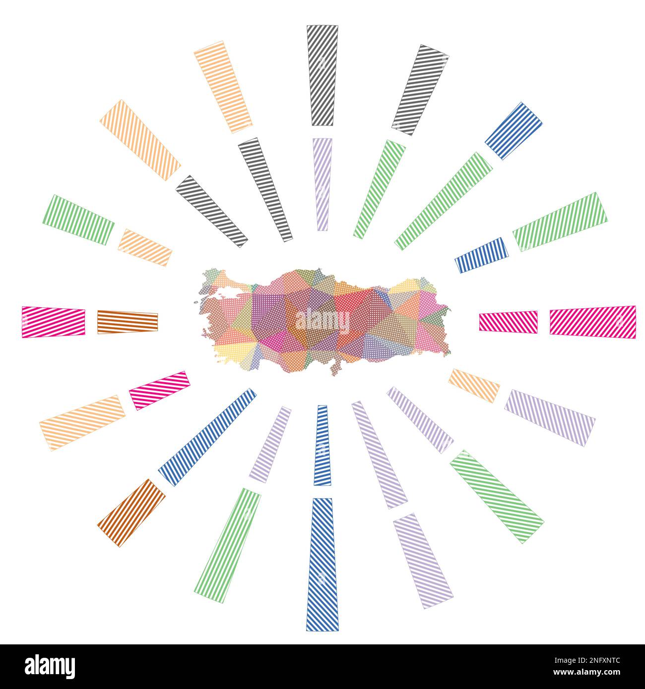 Turkey sunburst. Low poly striped rays and map of the country. Cool ...