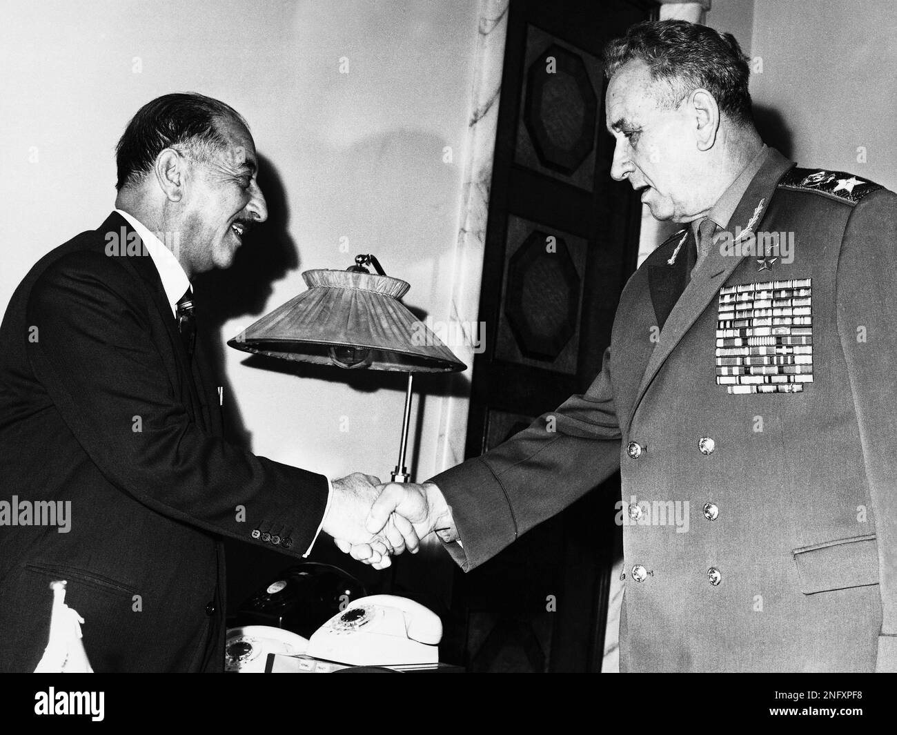 Iraqi Persident Ahmed Hassan el Bakr, left, is seen meeting with Soviet ...