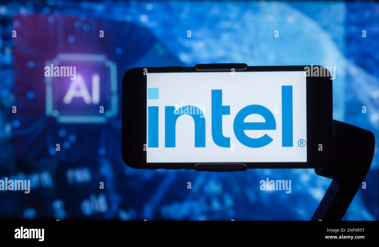 In this photo illustration, the logo of intel is seen displayed on a ...