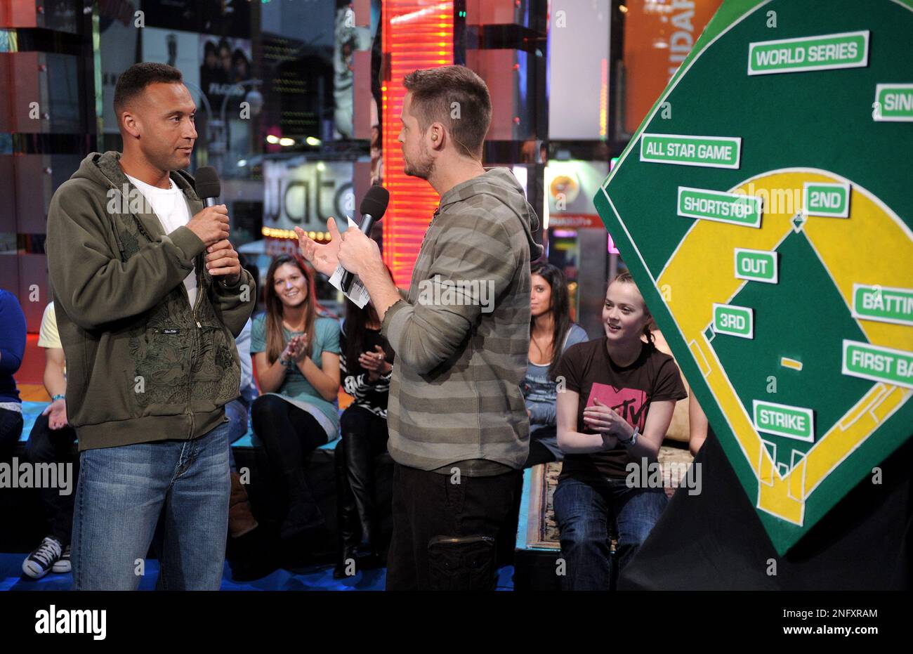 Baseball Player Derek Jeter,left, talks with MTV VJ Damien Fahey at MTV ...