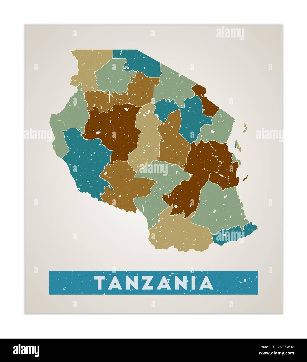 Tanzania map. Country poster with regions. Old grunge texture. Shape of ...