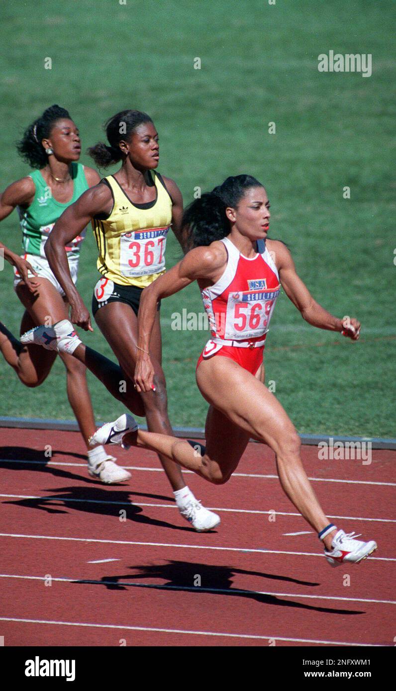 U.S. sprinter Florence Griffith Joyner of Los Angeles, runs to a world ...