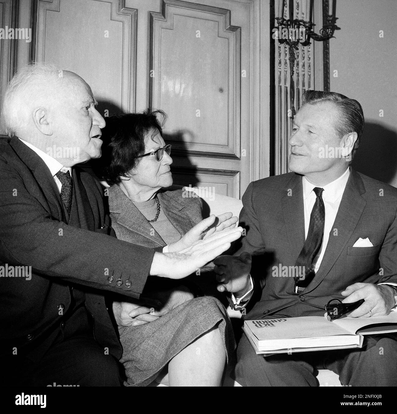 Davis Ben-Gurion, Israel's elder statesman gestures as he talks with ...