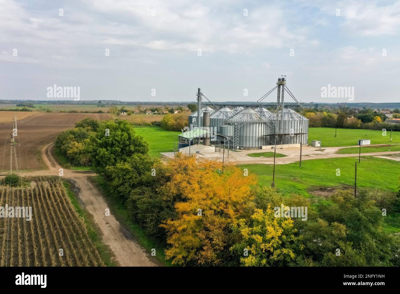 Agricultural silos on the farm in autumn, close-up drone view ...