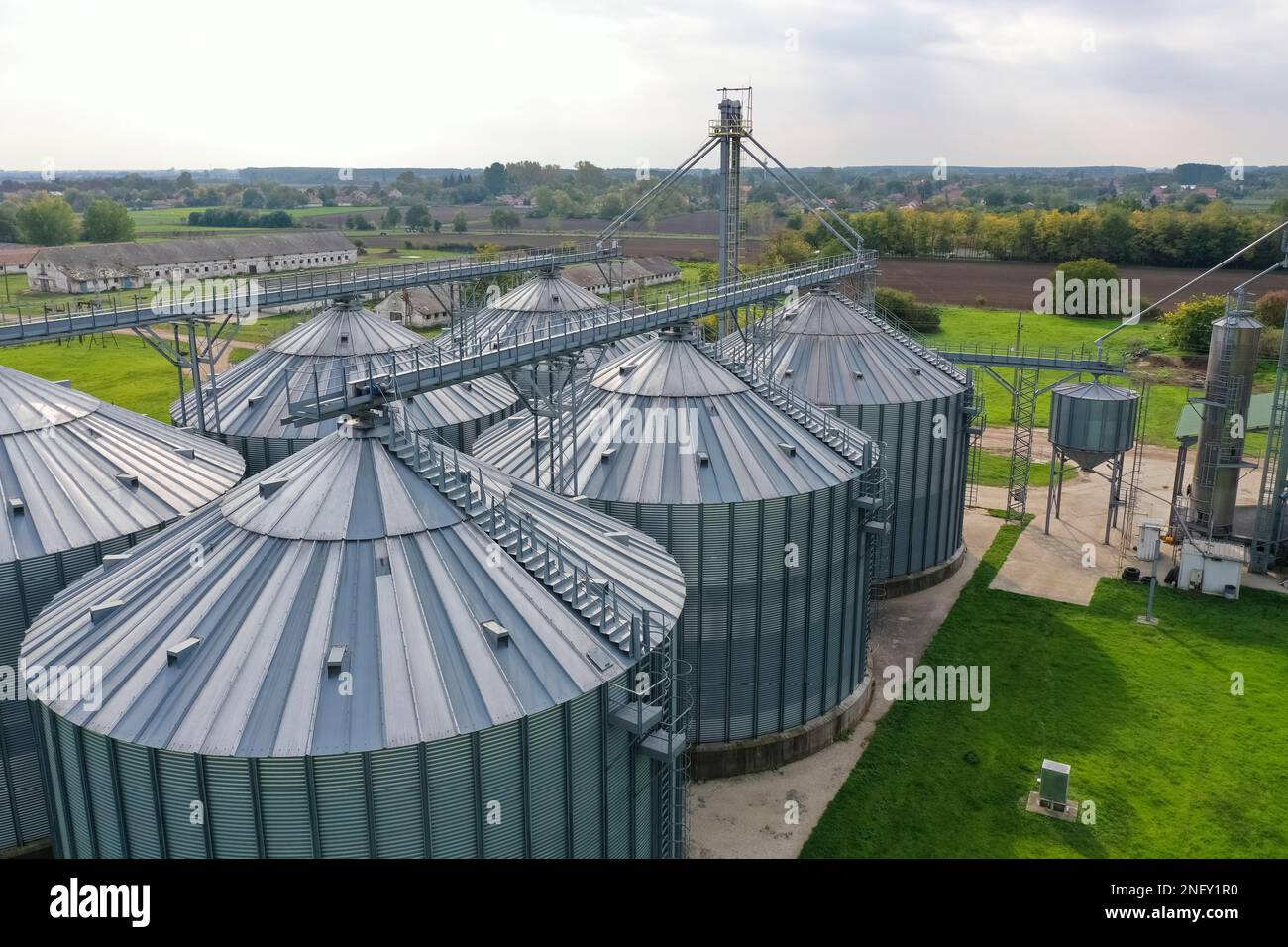 Agricultural silos on the farm in autumn, close-up drone view ...