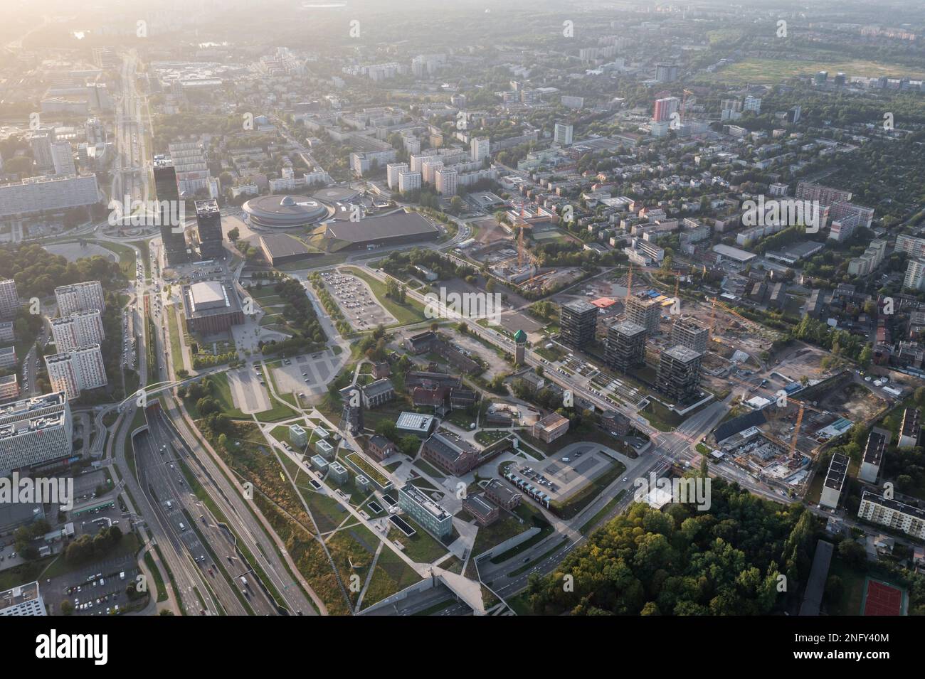 Aerial drone view of Katowice city in Poland with Spodek Arena and ...