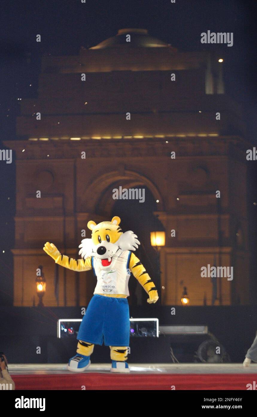 Commonwealth Games 2010 mascot ' Shera' dances in front of the India ...
