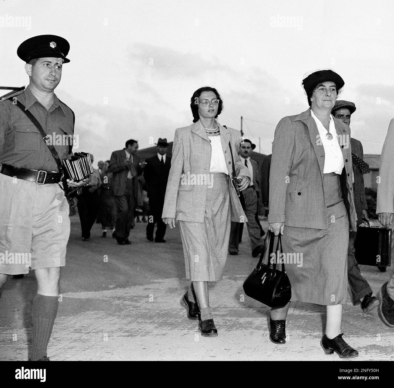 Golda Meir with daughter, Sarah, behind arriving at airport this ...