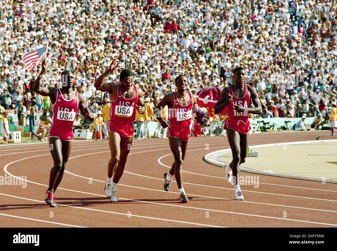 The American team, who won the men's 4 x 100 meter relay finals, run ...