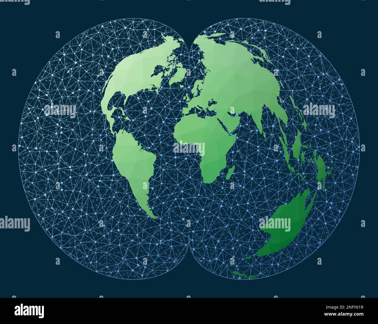 Network map of the world. Polyconic projection. Green low poly world ...