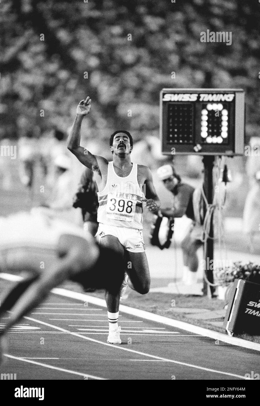Daley Thompson of Great Britain crosses the finish line to win the ...