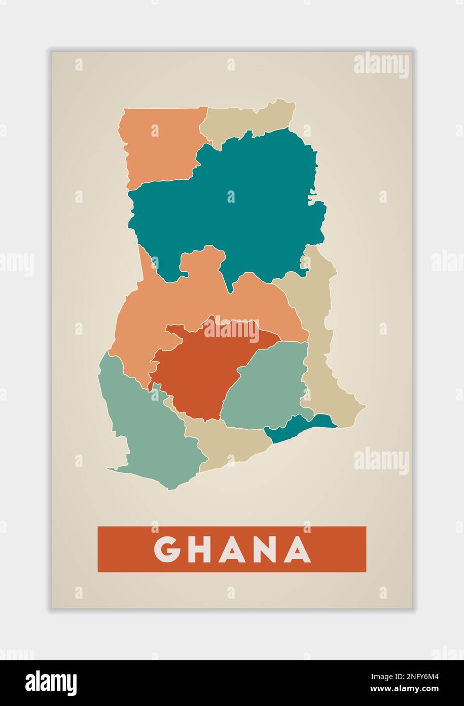 Ghana poster. Map of the country with colorful regions. Shape of Ghana ...