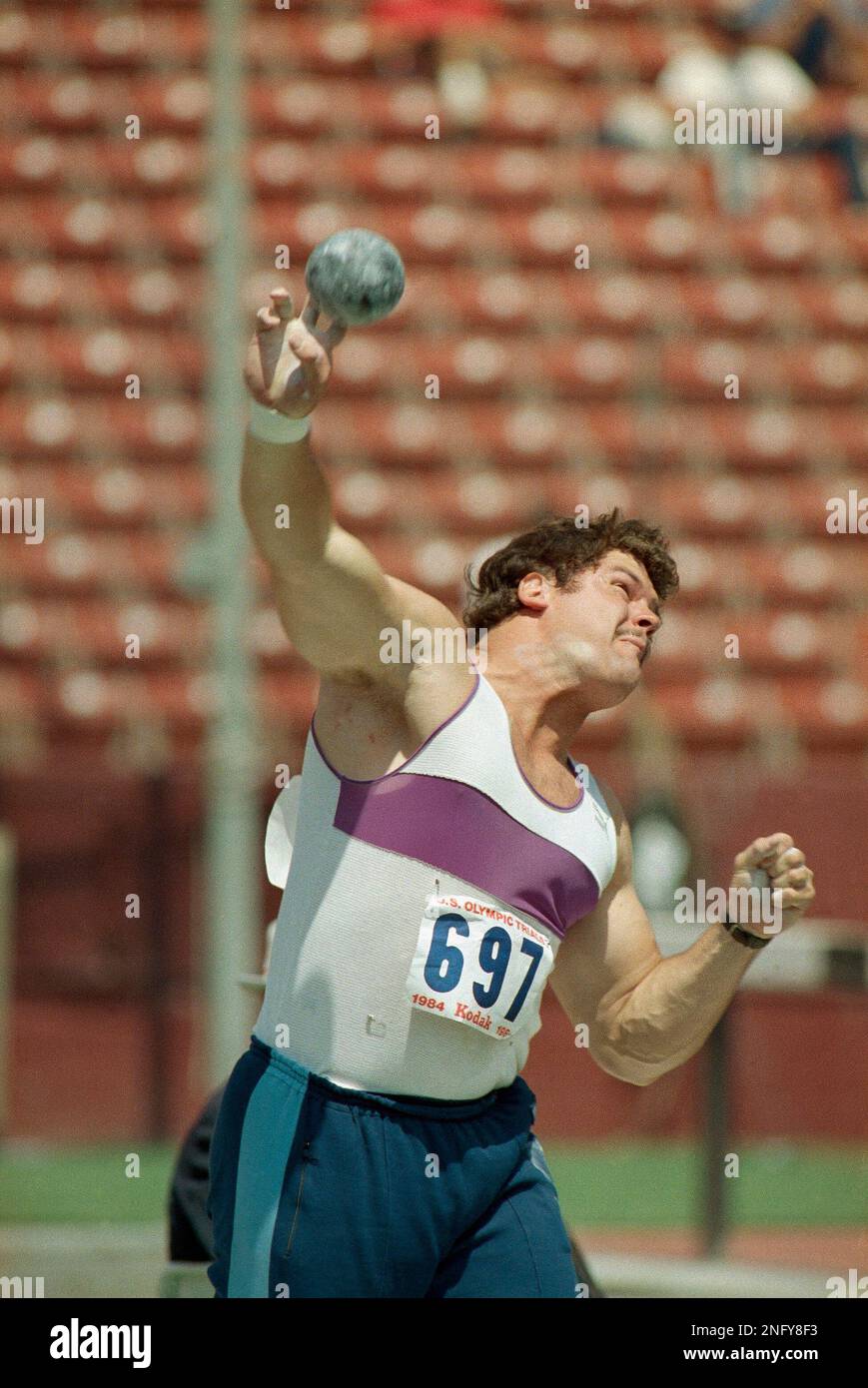 John Brenner of Fullerton, Calif. lets fly with the shot, June 23, 1984 ...