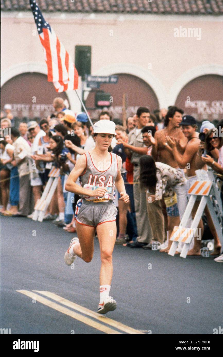 Joan Benoit shown running at the Olympic women's marathon in Los ...