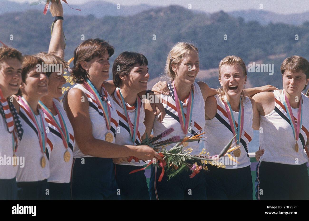 Members of the women's U.S. rowing team at the medal ceremony at the ...