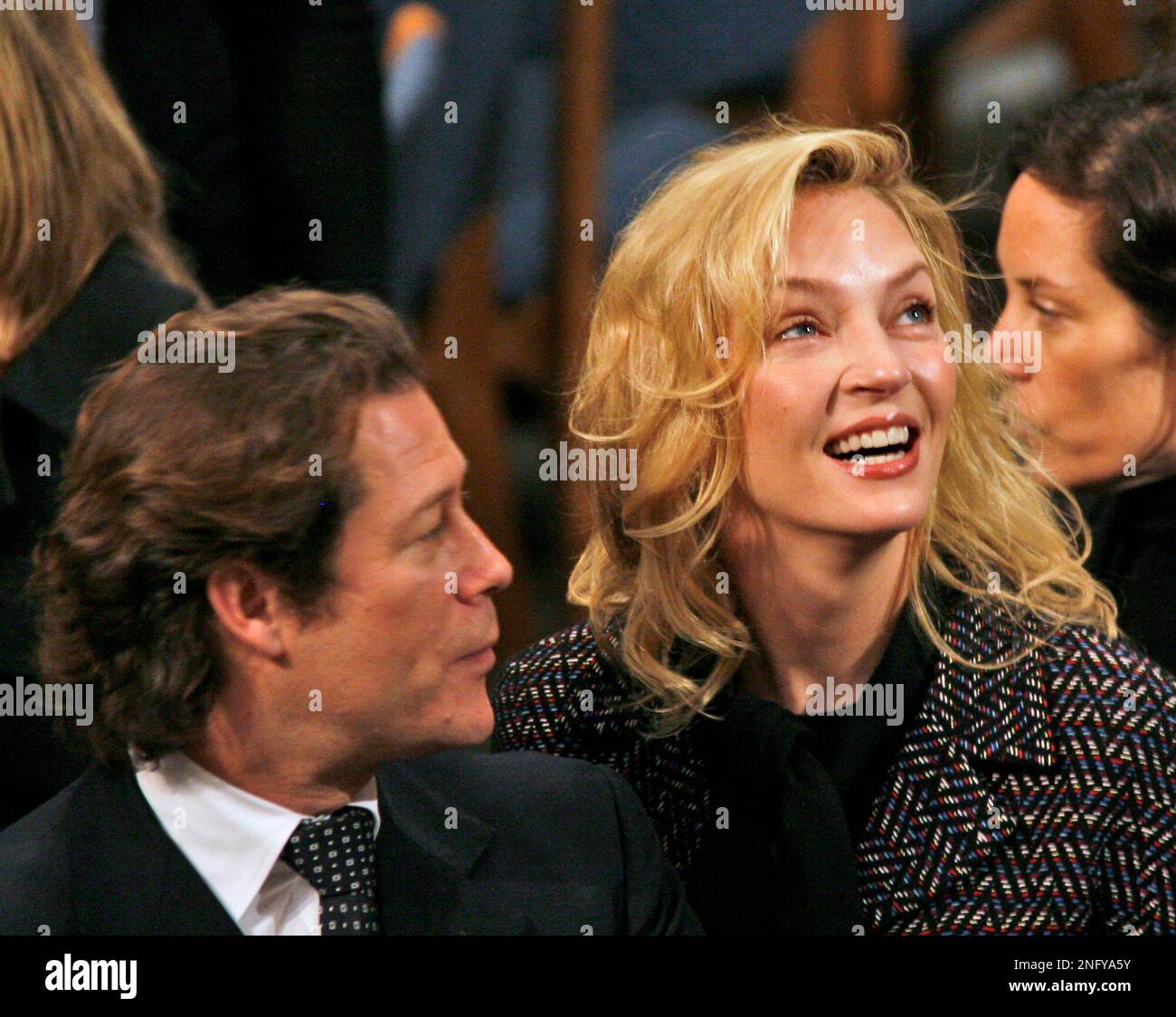 US actress Uma Thurman, right, and boyfriend Arpad Busson attend the ...