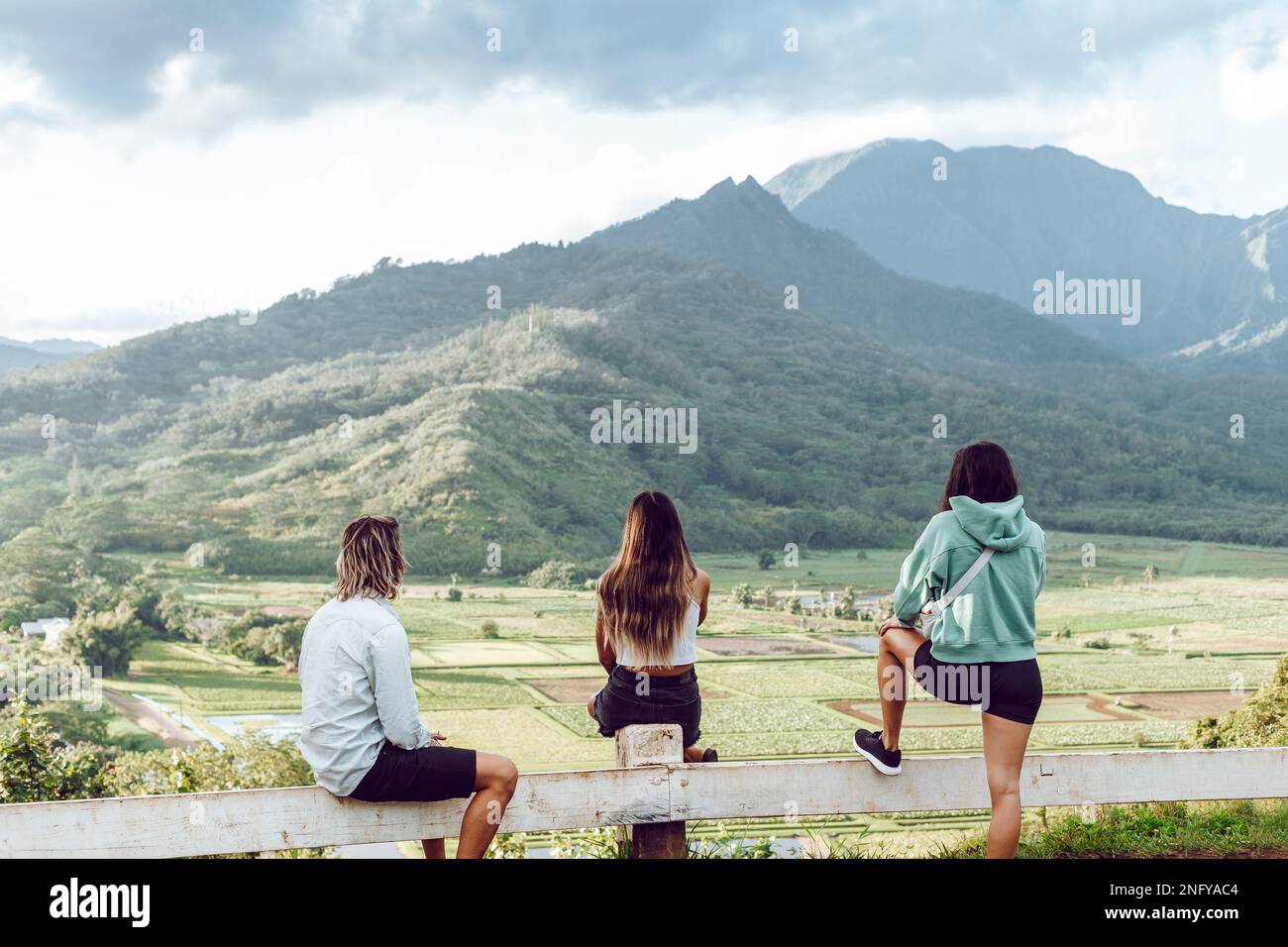 Three friends contemplating the immensity of the mountain and the rice ...