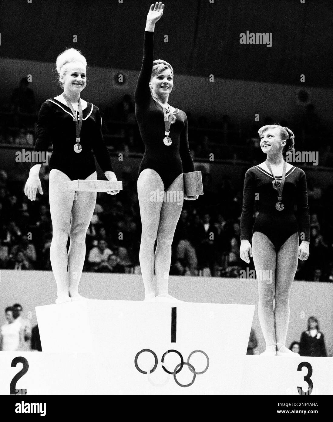 Vera Caslavska, left, and Larissa Petrik of Czechoslovakia and Russia ...